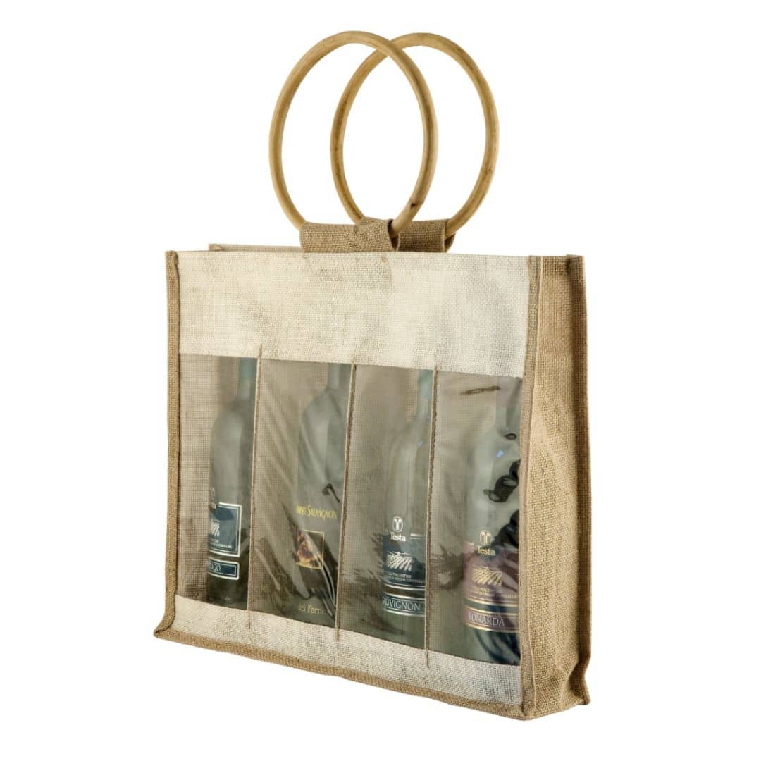 Portabottoglie in juta da 4 bottiglie con finestra in PVC - Jute&co
